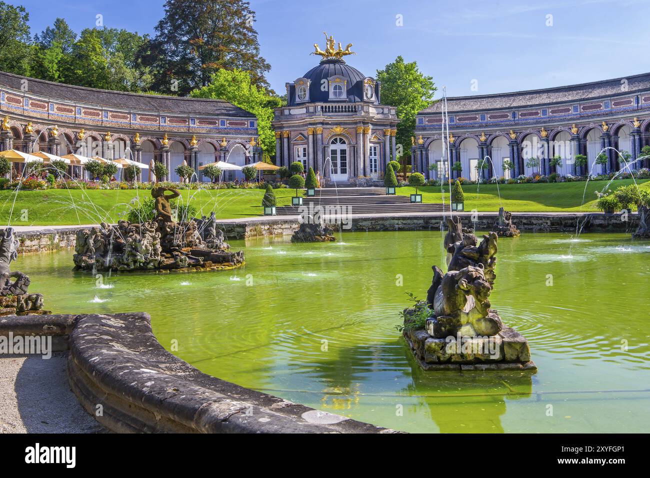Upper Grotto with water features in front of the New Palace with Temple ...