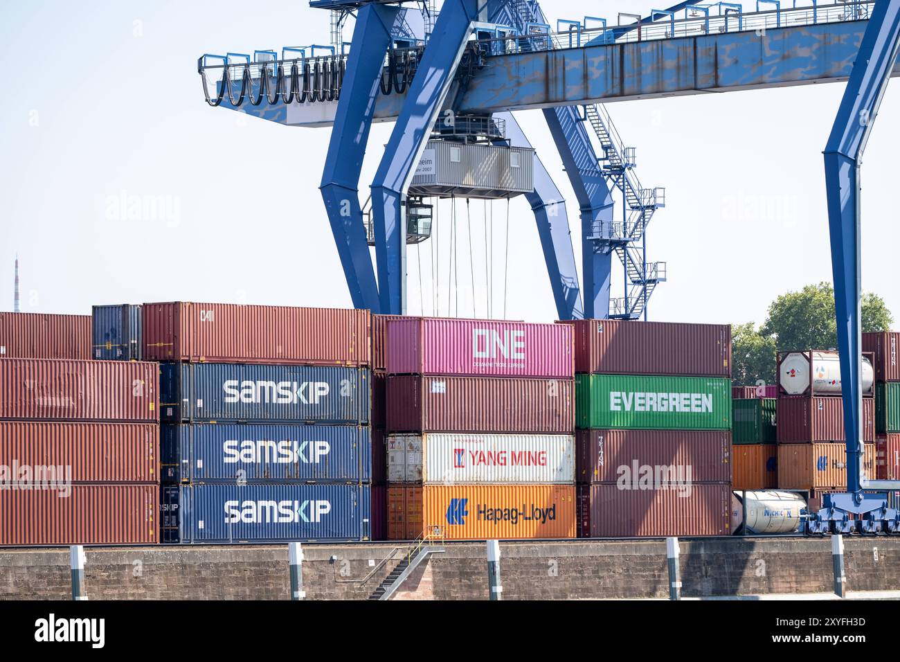 Containerstapel im Hafen unter einem großen Verladekran , Deutschland ...