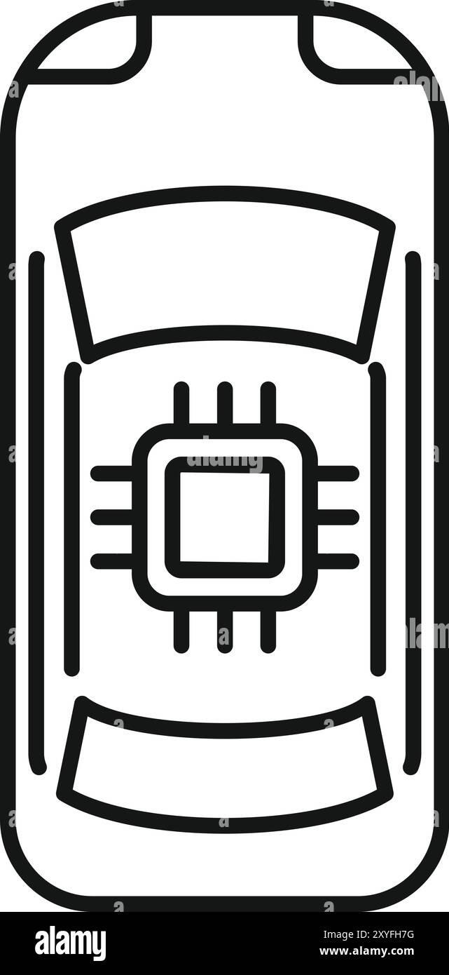 Simple line icon of a smart car with a cpu representing its self ...