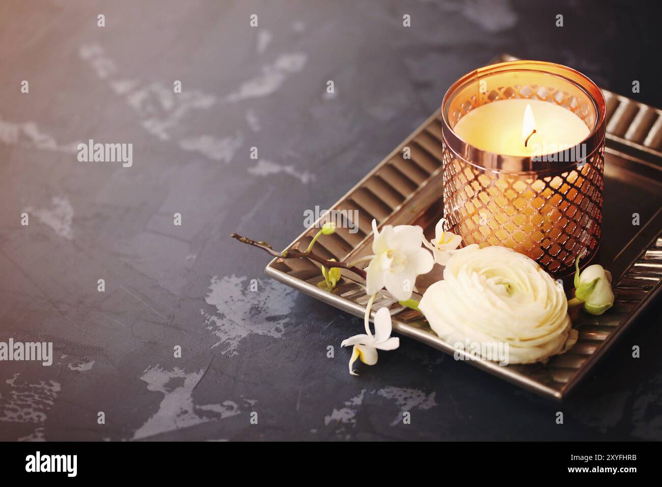 Festive invitation card with beautiful flowers and tray with burning ...