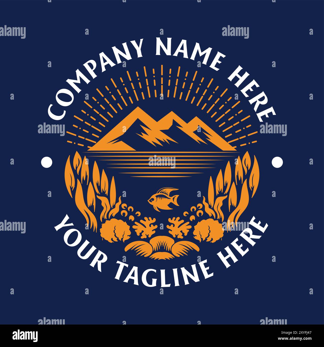 Sunset Mountain Beach Ocean Sea Reef Snail and Fish Badge Emblem Label ...