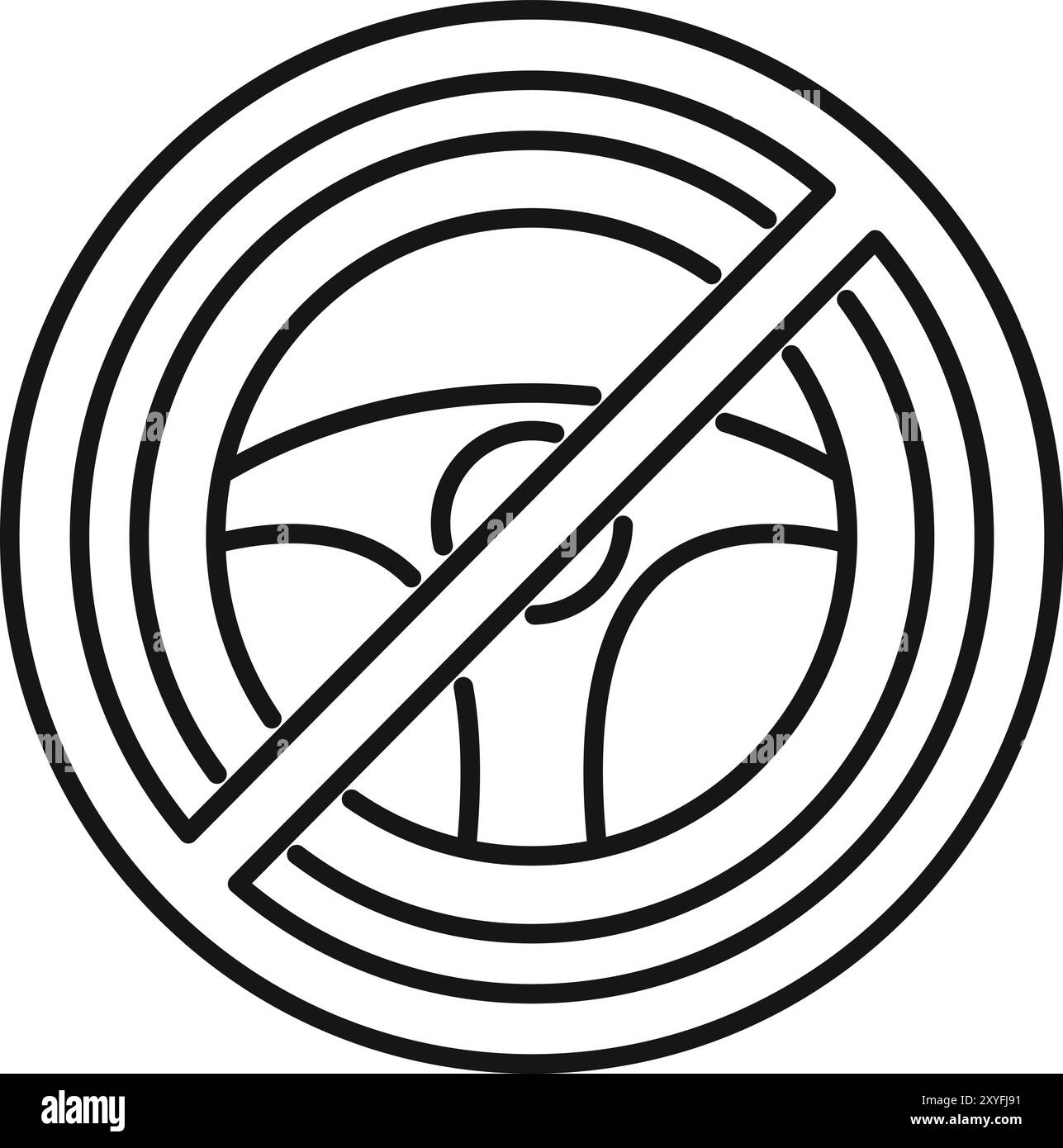 Simple line art icon of a steering wheel with a diagonal line through ...