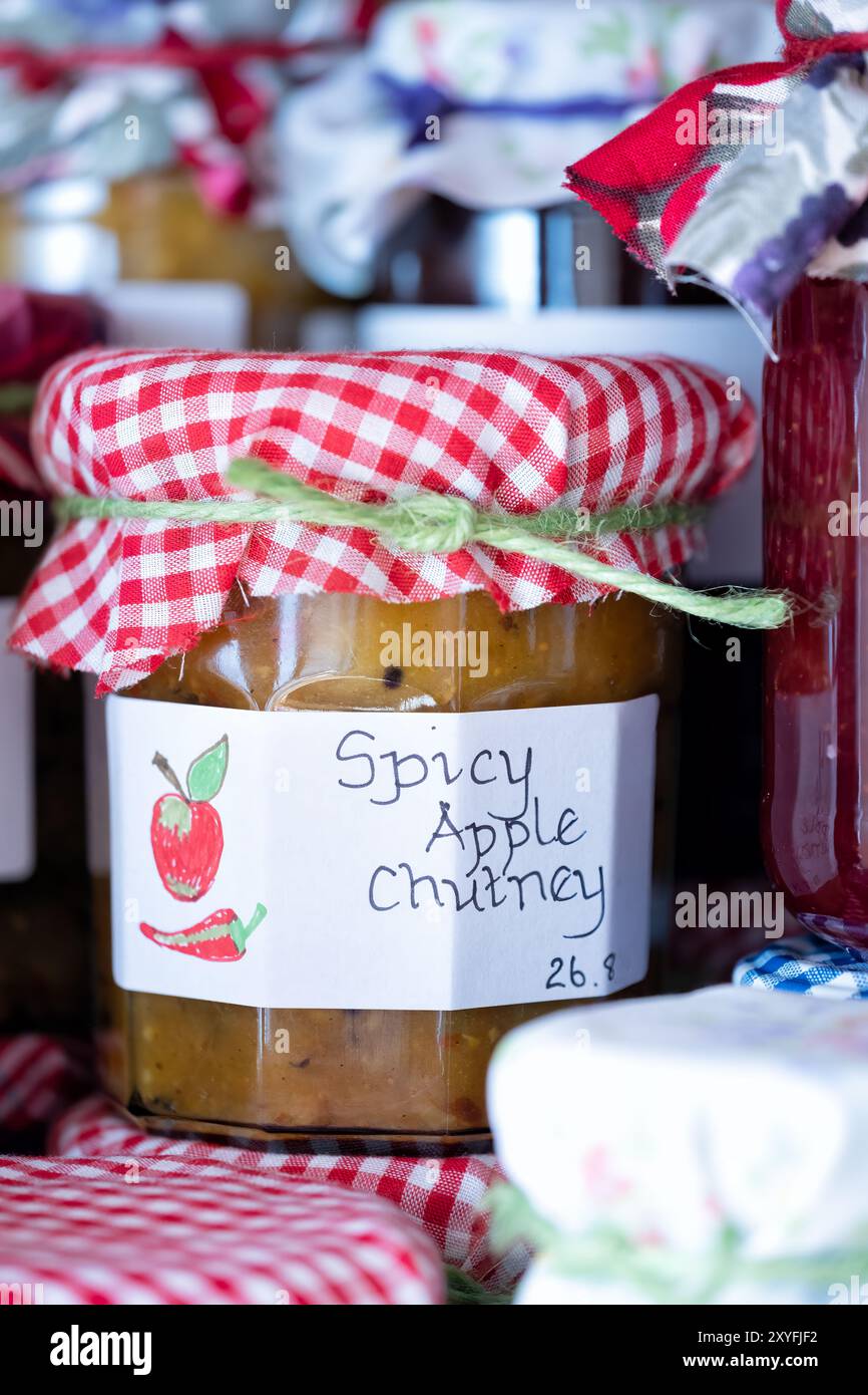 Uk. Homemade spicy apple chutney stored in glass jars, labelled and ...