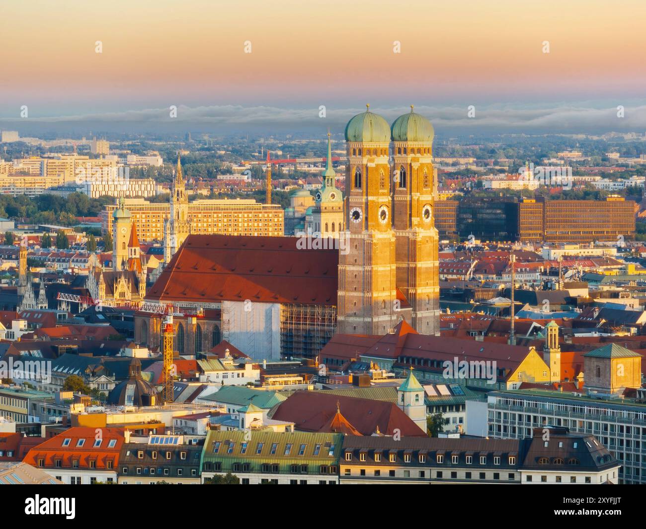 Panoramic View of Munich Skyline with Iconic Frauenkirche at dawn ...
