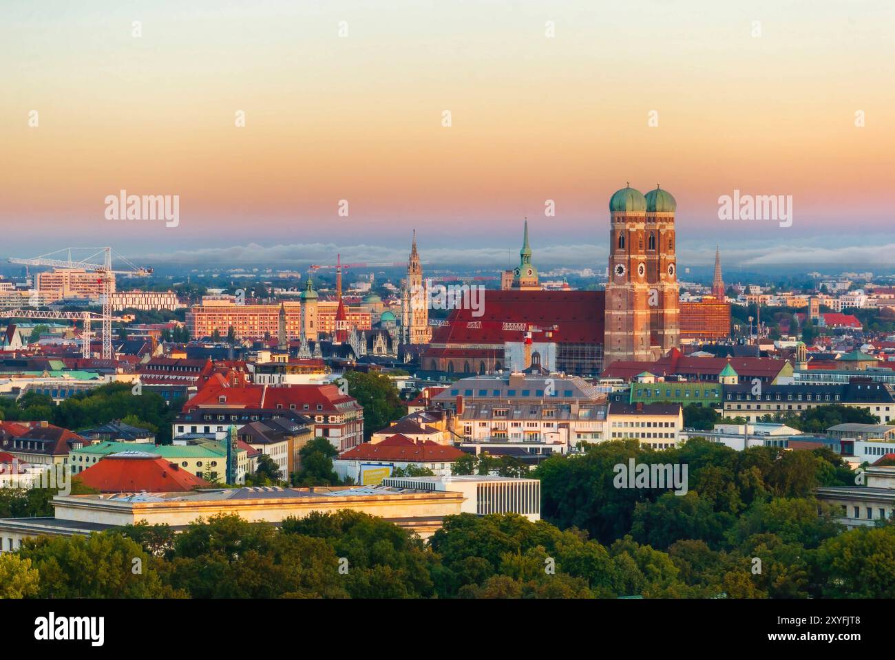 Panoramic View of Munich Skyline with Iconic Frauenkirche at dawn ...