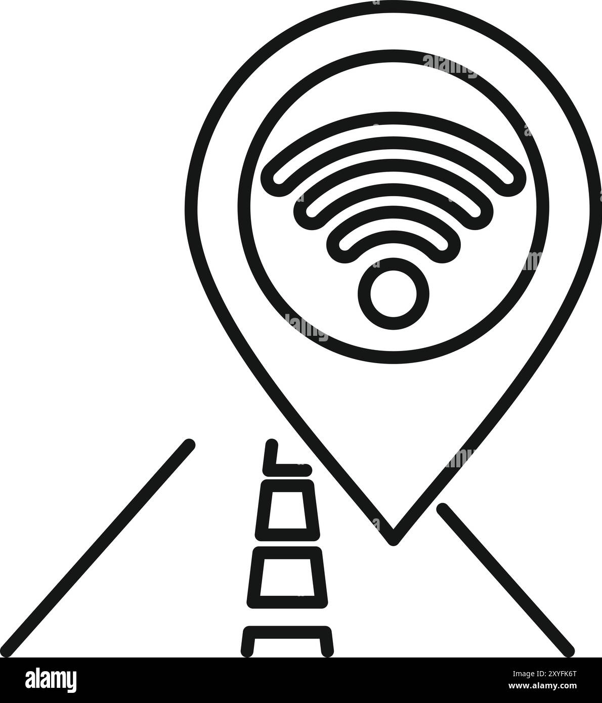 Line art vector icon of a location pin pointing a wifi signal over an ...