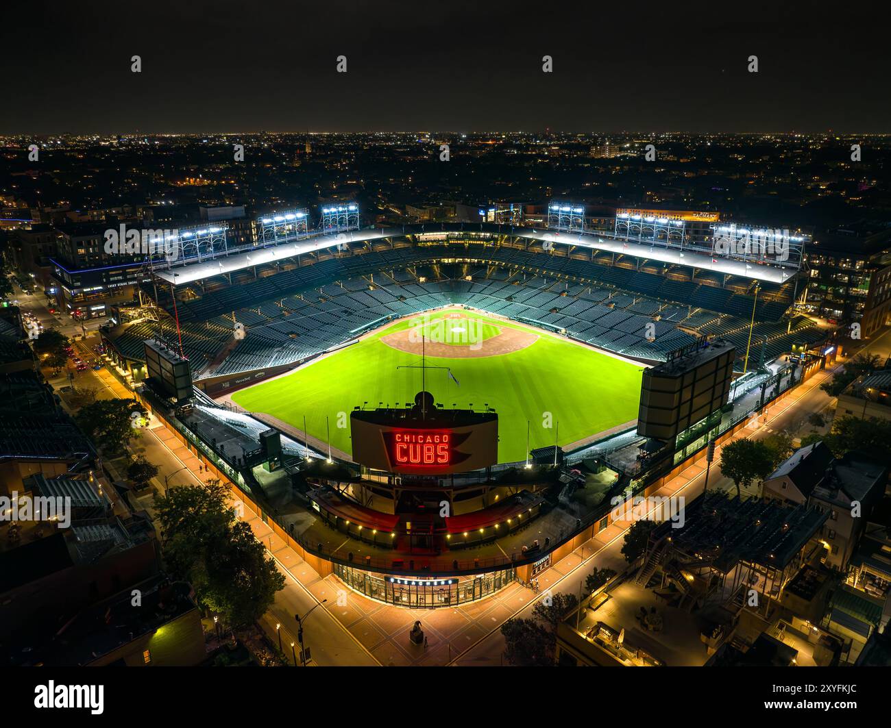 Aerial photograph of Chicago, Cubs, baseball stadium at night ...