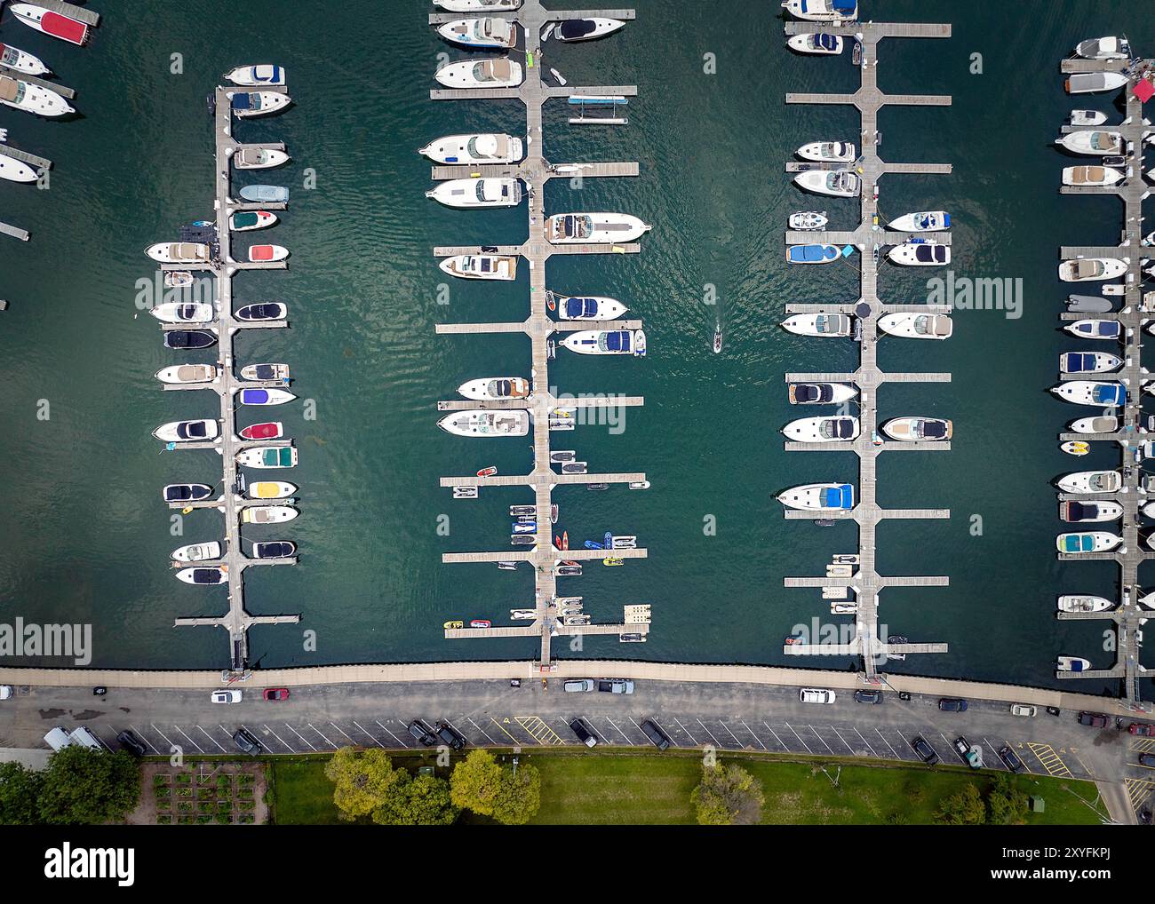 Aerial view of boats at the dock in Chicago, Illinois, USA at Lincoln ...