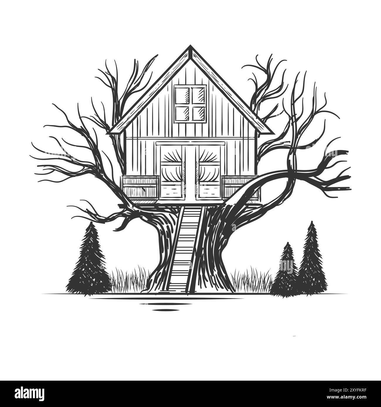 Vintage Oak Tree Cabin Cottage Chalet Lodge House Illustration Vector ...