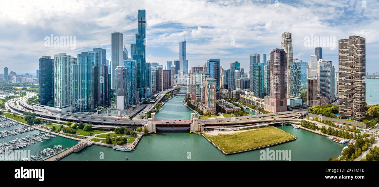 Aerial panoramic photograph of downtown Chicago, Illinois, USA ...