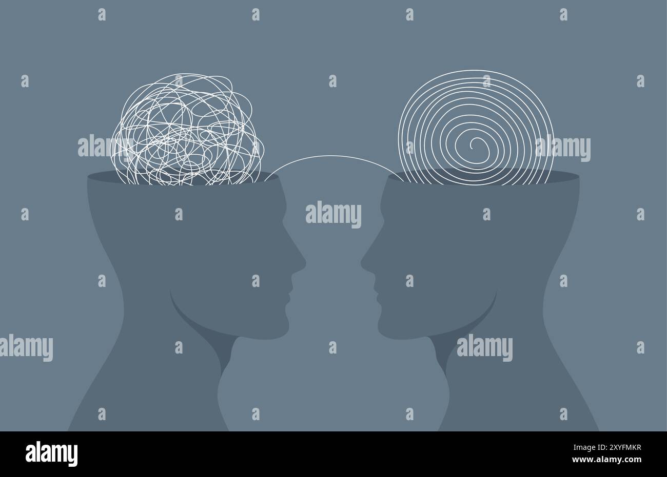 Human silhouettes facing each other with tangled and untangled balls in ...