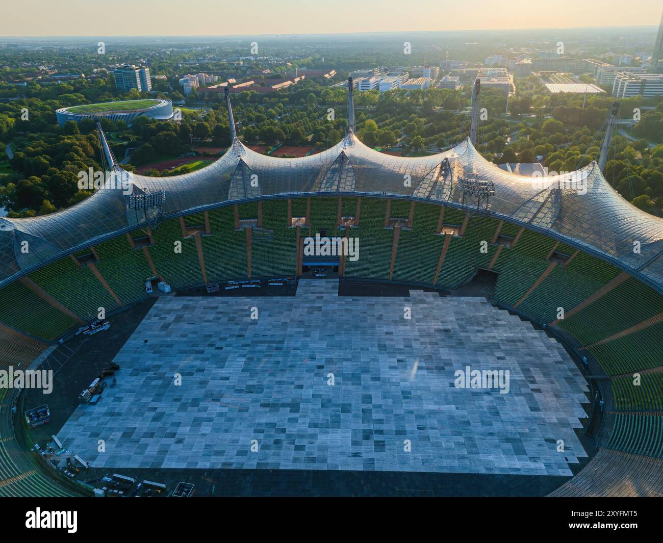 MUNICH, GERMANY - AUGUST 28, 2024: The Munich Olympic stadium at sunset ...