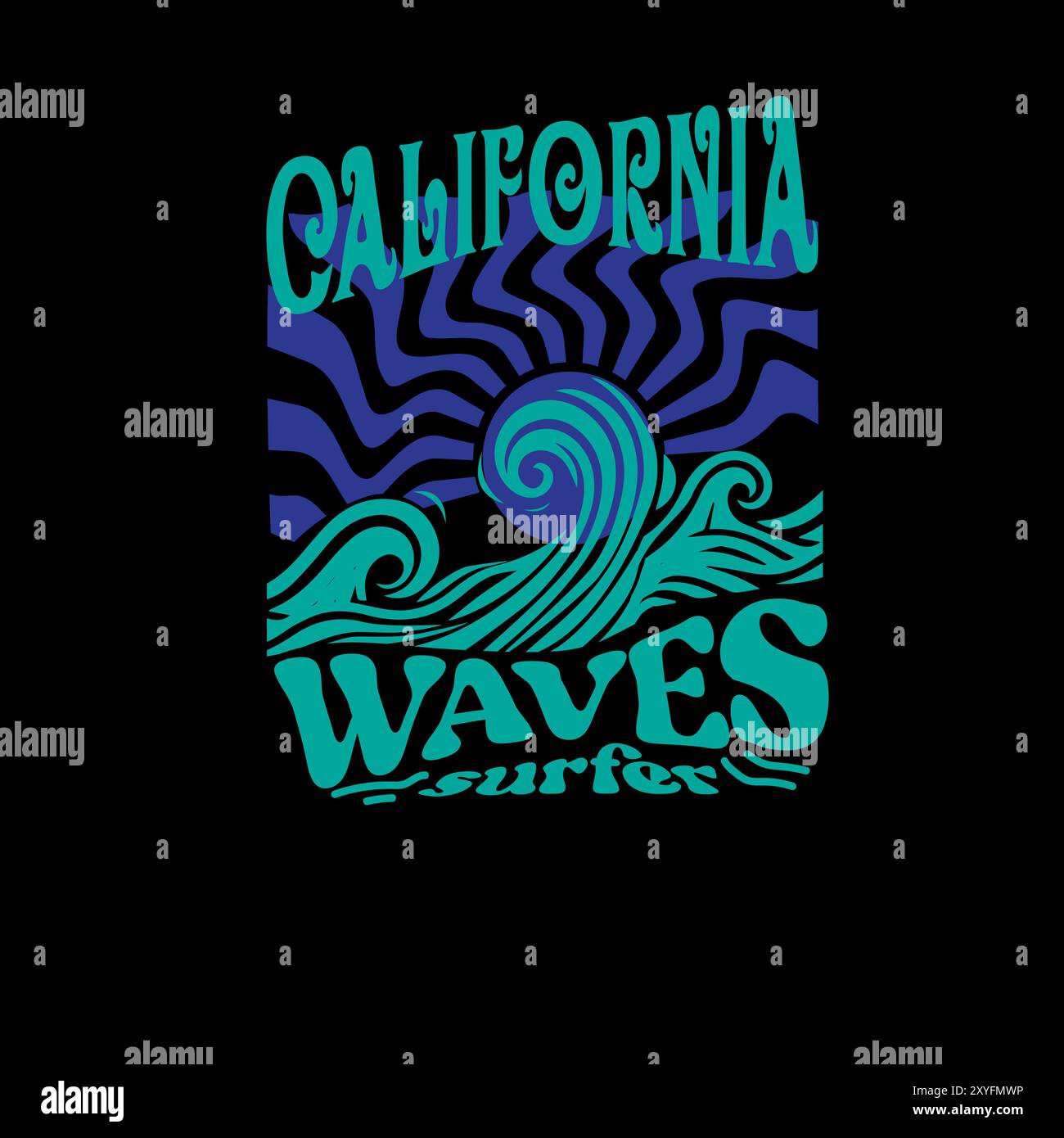 California waves surfer sunshine typography summer beach design Stock ...