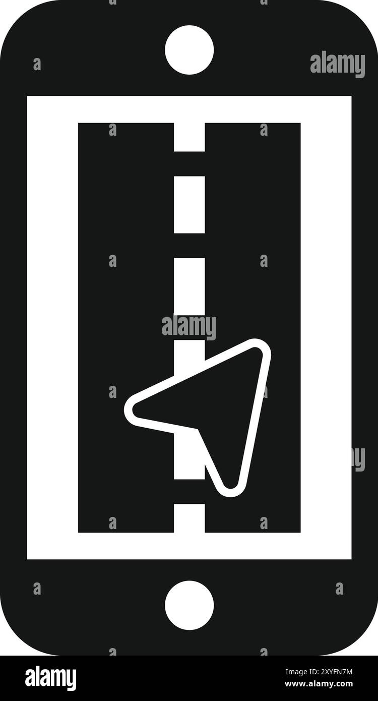 Simple black and white icon of a smartphone showing a road with a gps ...