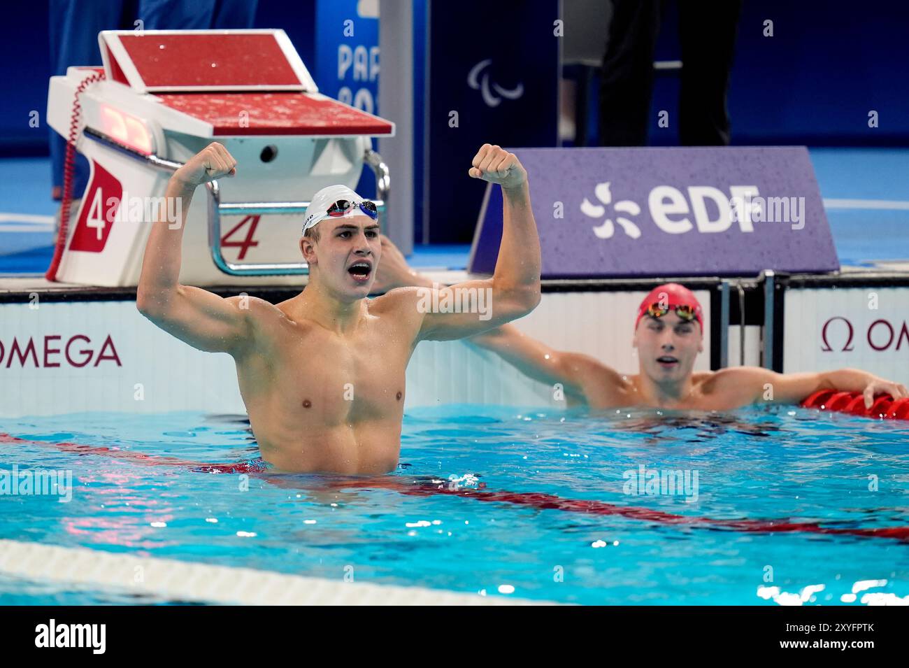 Denmark's Alexander Hillhouse celebrates winning alongside second place ...