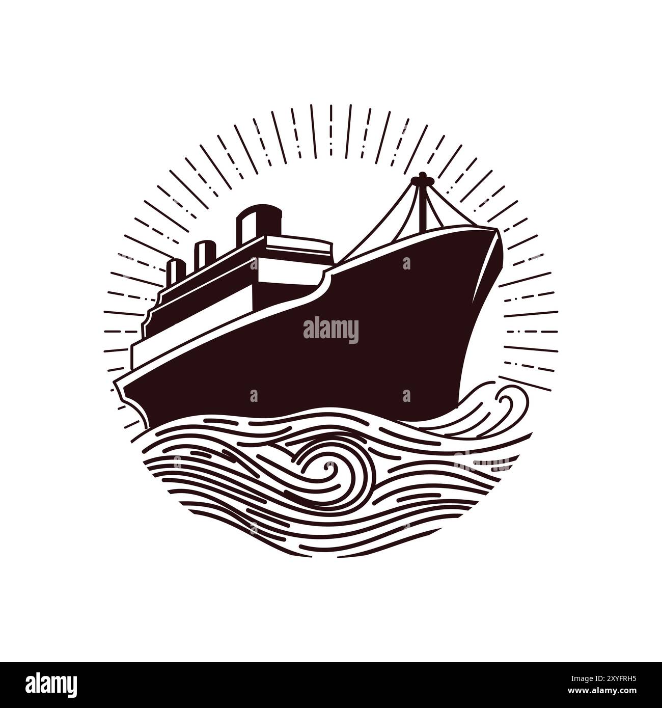 Vintage Retro Circular Sun Ocean Wave with Vessel Cargo Ship for ...