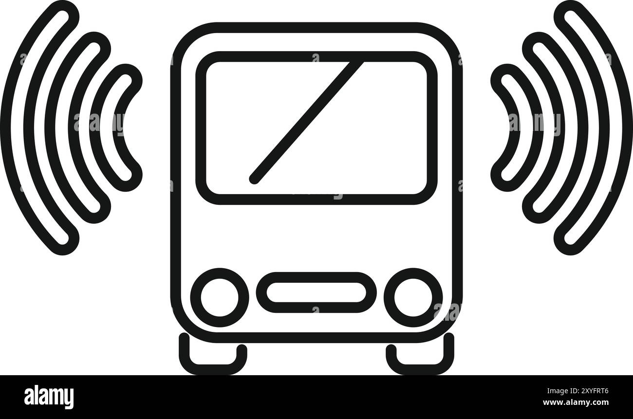 Simple line vector icon of a public transport bus transmitting location ...