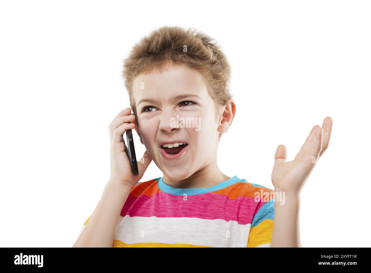 Amazed and surprised child boy hand holding mobile phone or talking ...