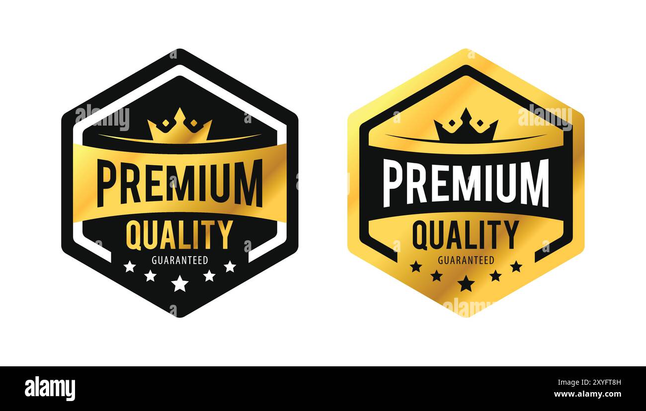 Premium quality gold vector hexagon. Golden label with stars and crown ...