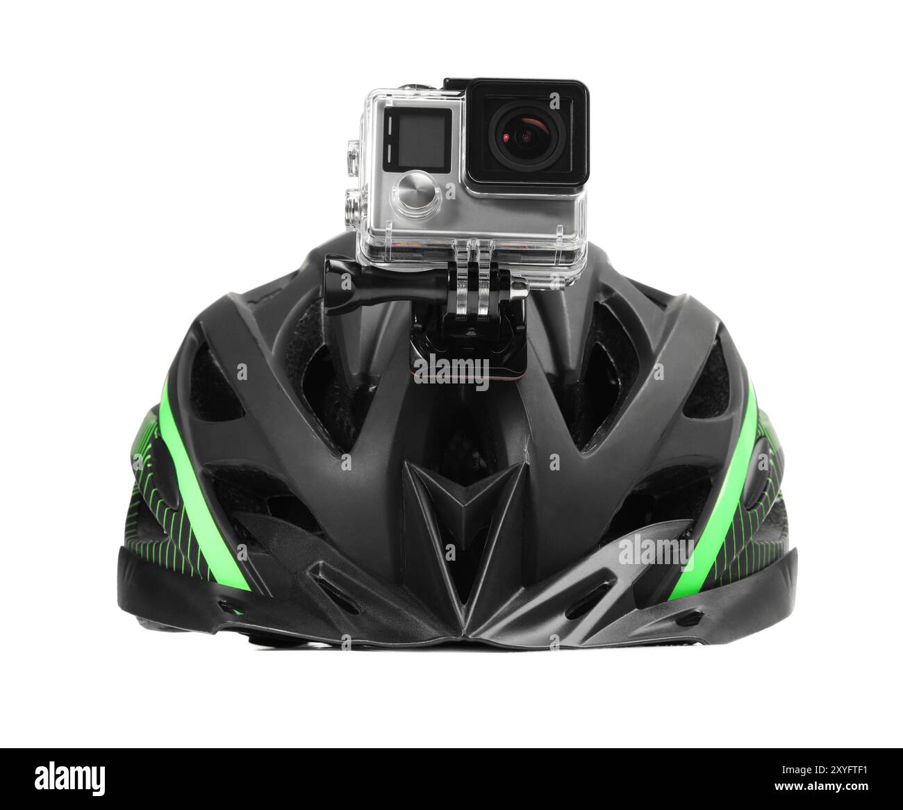 Modern action camera on helmet against white background Stock Photo - Alamy