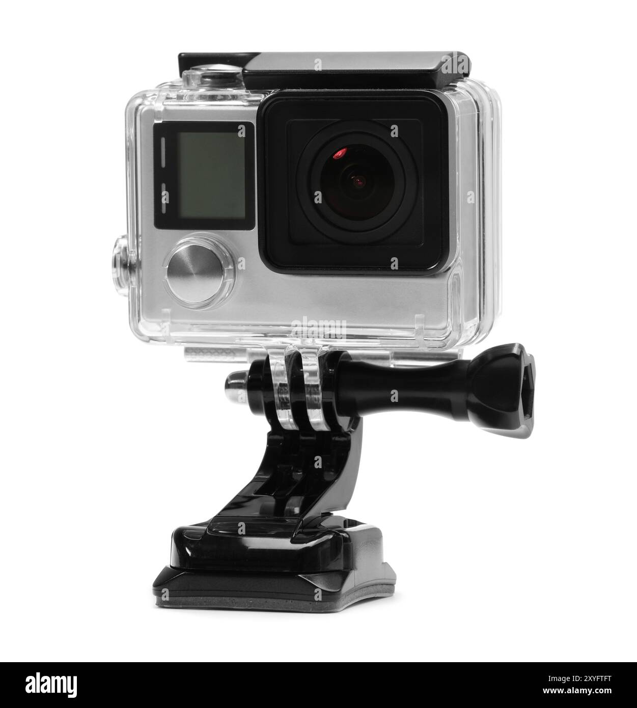 Modern action camera and mount isolated on white Stock Photo - Alamy