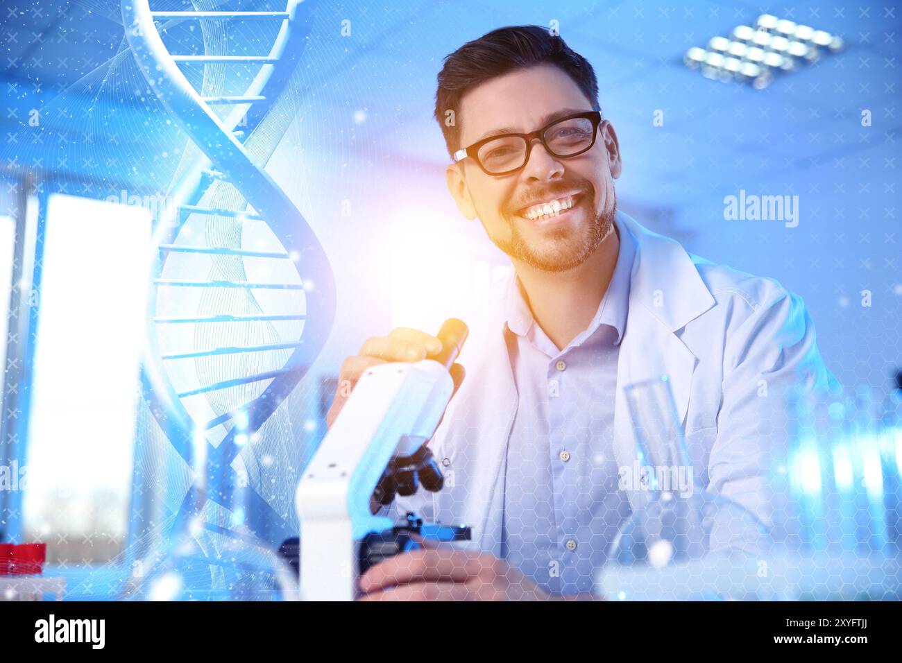 Scientist using microscope in lab and DNA, double exposure. Laboratory ...