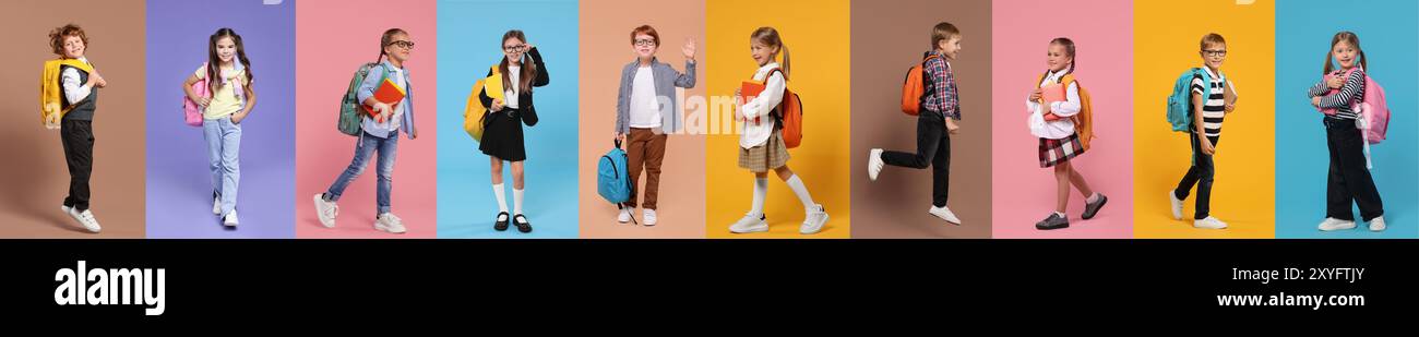 Children with backpacks on different colors backgrounds. Back to school ...
