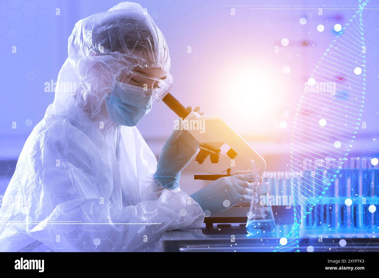 Scientist using microscope in lab and DNA, double exposure. Laboratory ...