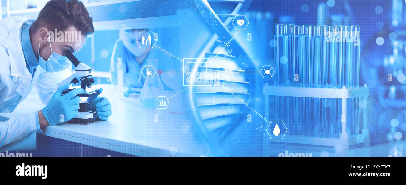 Scientist using microscope in lab, test tubes on table and DNA ...