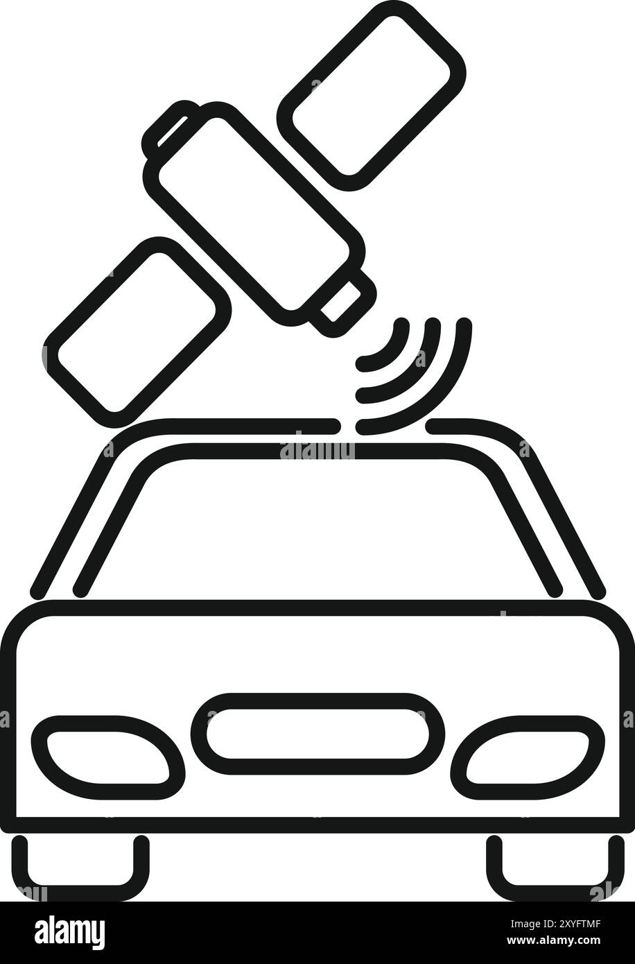 Simple icon of a car receiving signals from a satellite, representing ...