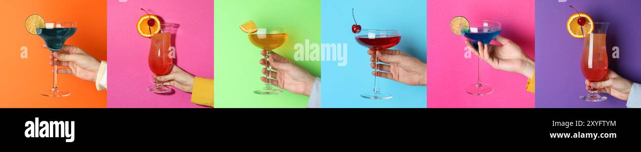 Variety of cocktails in people's hands on different colors backgrounds ...