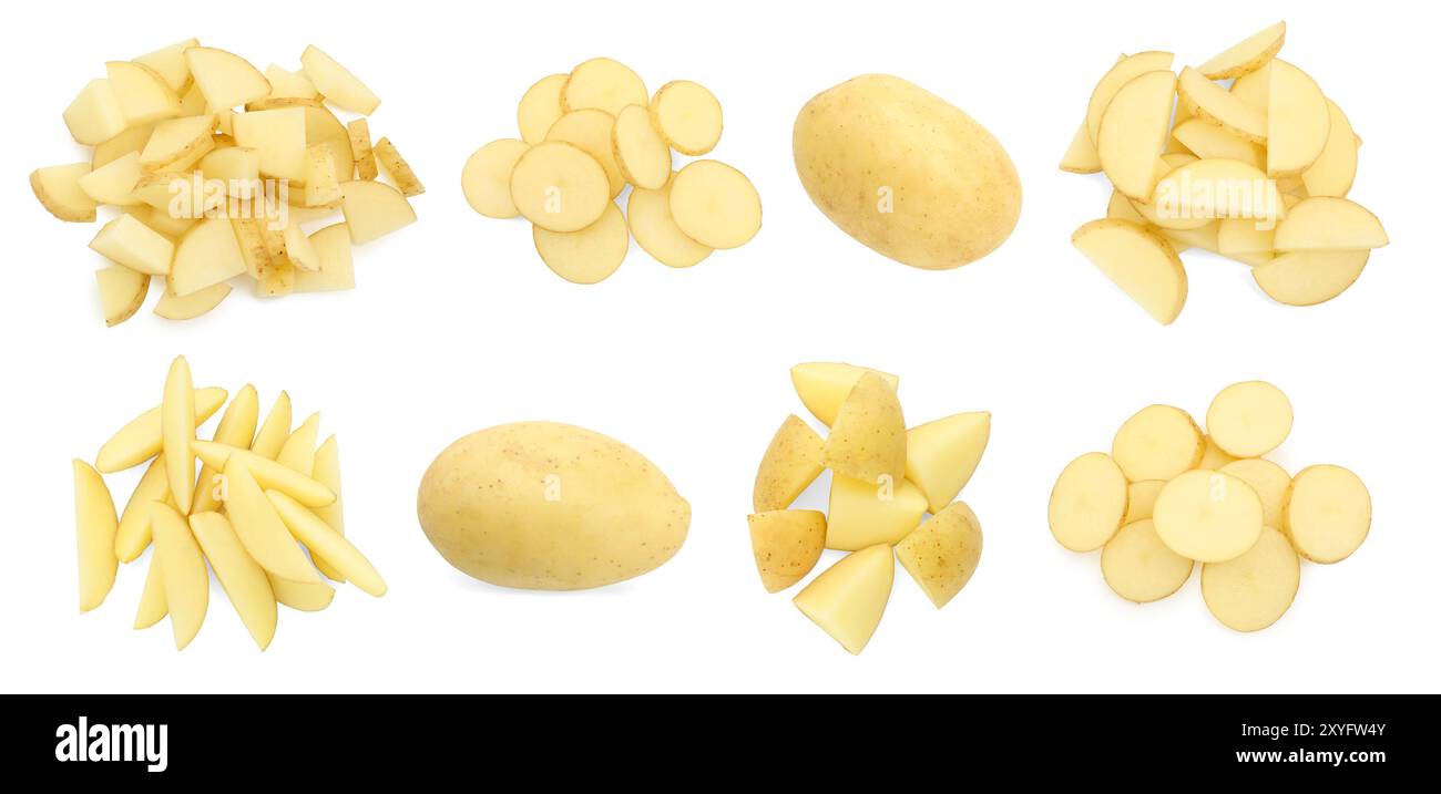 Fresh potatoes isolated on white, set. Different types of cuts and ...