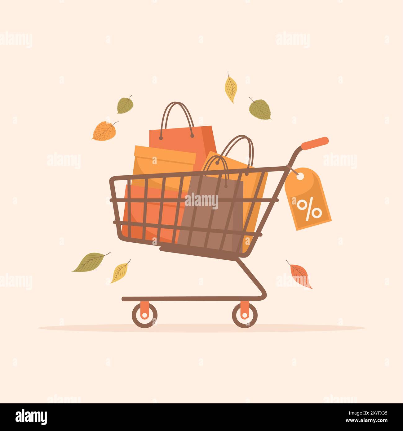 Shopping cart full of shopping bags and boxes with a falling autumn ...