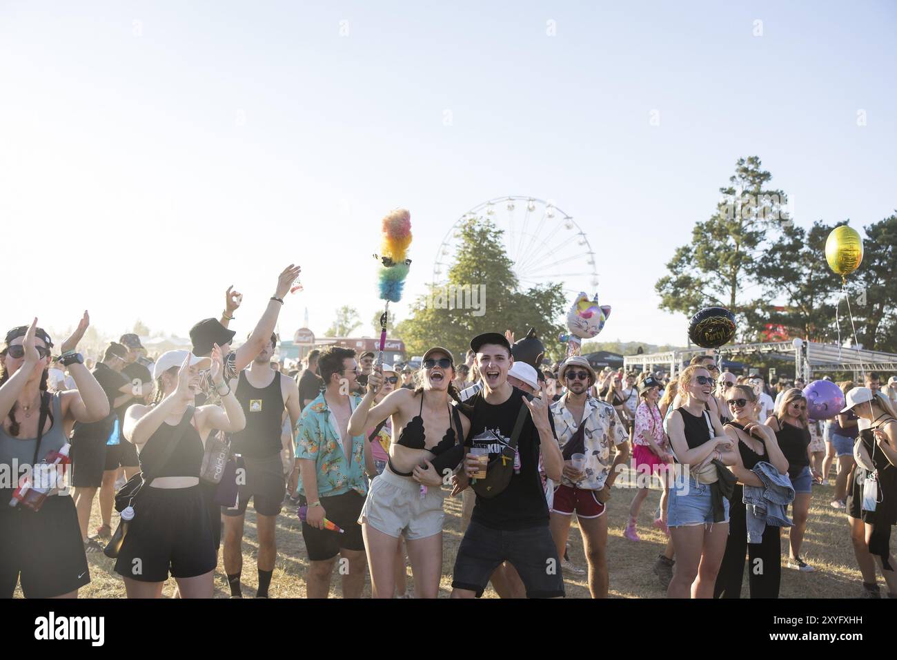 Festival visitors in front of the Ferris wheel at the Highfield ...