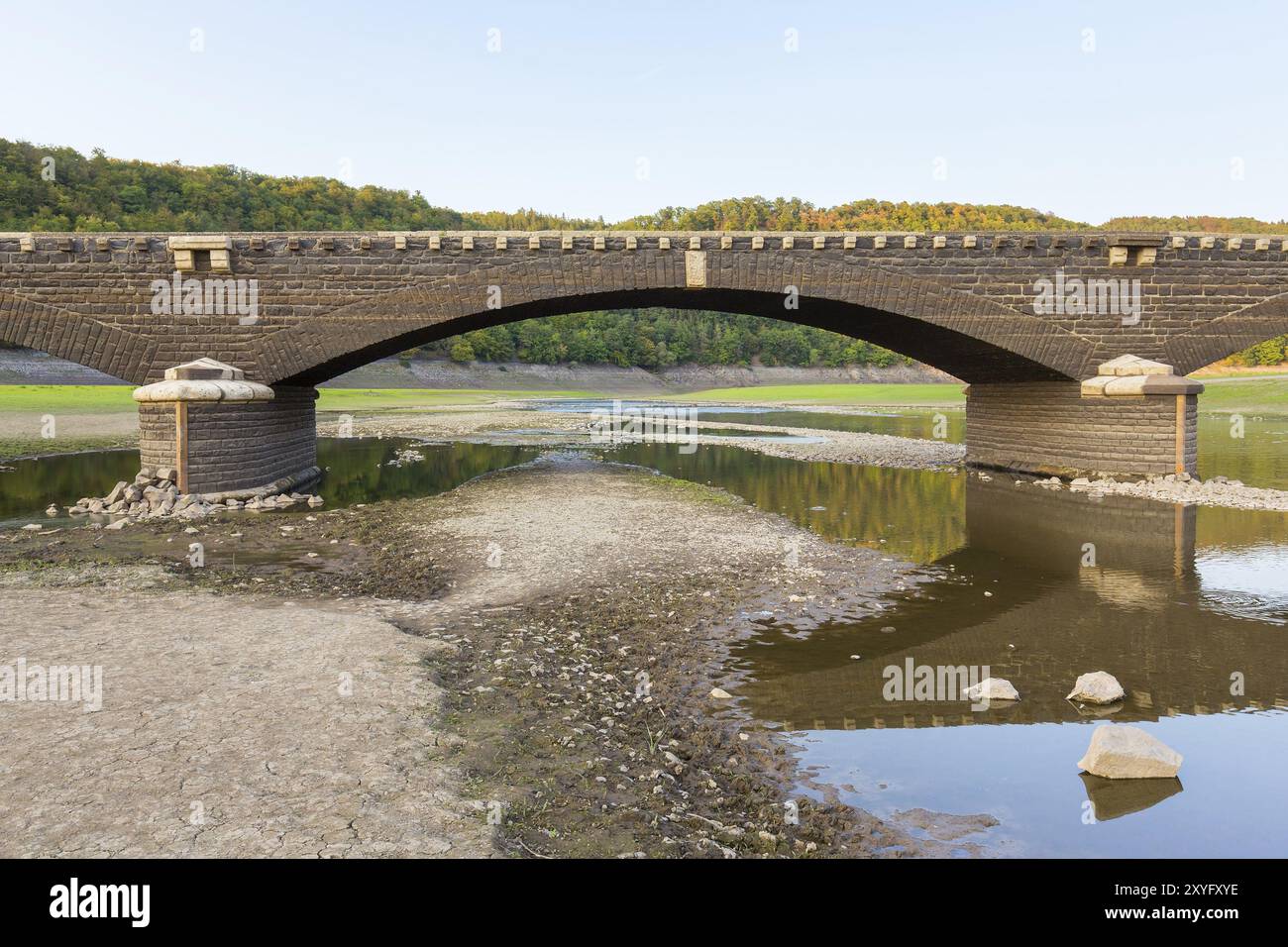 Stone arch bridge in dry german Edersee in Sauerland area Stock Photo ...