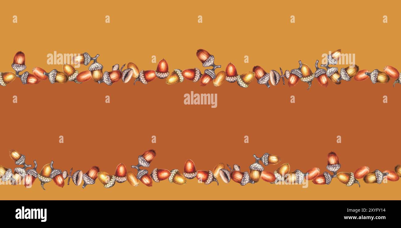 Seamless border of autumn colorful orange, brown oak leaves and acorns ...