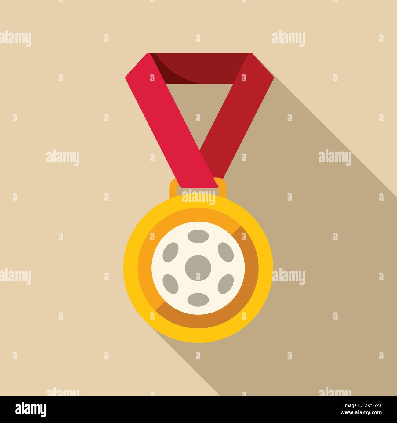Shiny gold medal hanging with red ribbon representing the first place ...