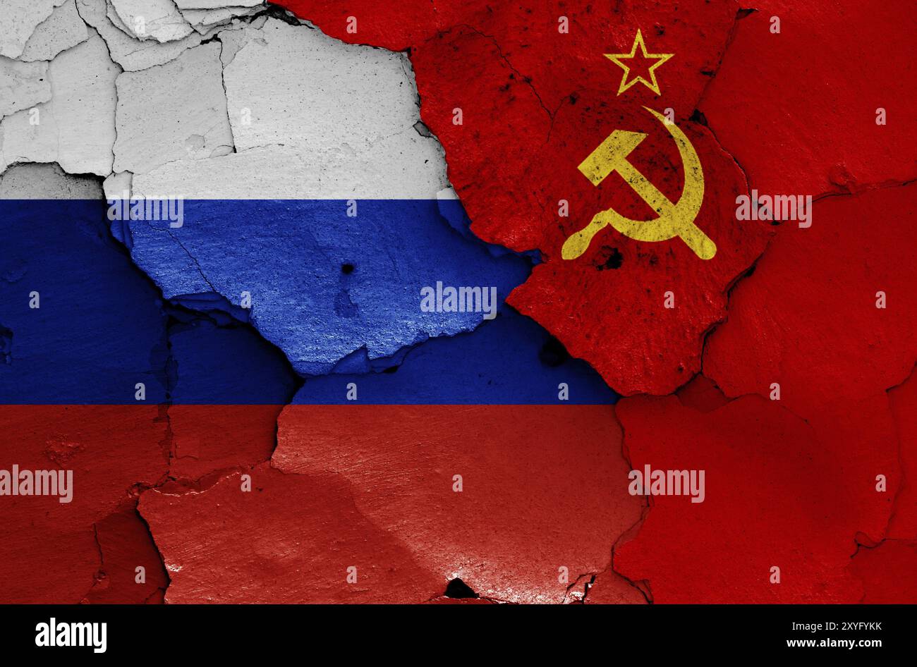 Flags of today Russia and former Soviet Union painted on cracked wall ...
