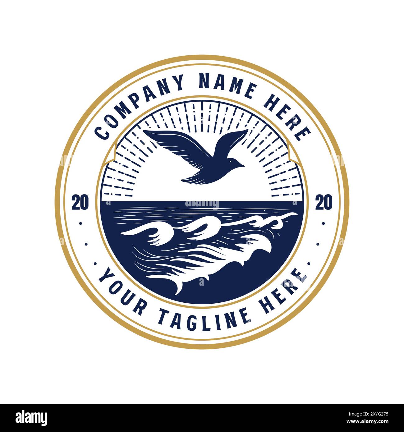 Sunset Sunrise Flying Seagull Bird Silhouette on Sea Ocean Beach Badge Emblem Label Design ...