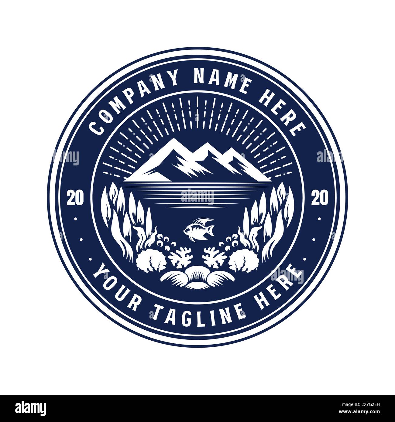 Sunset Mountain Beach Ocean Sea Reef Snail and Fish Badge Emblem Label ...