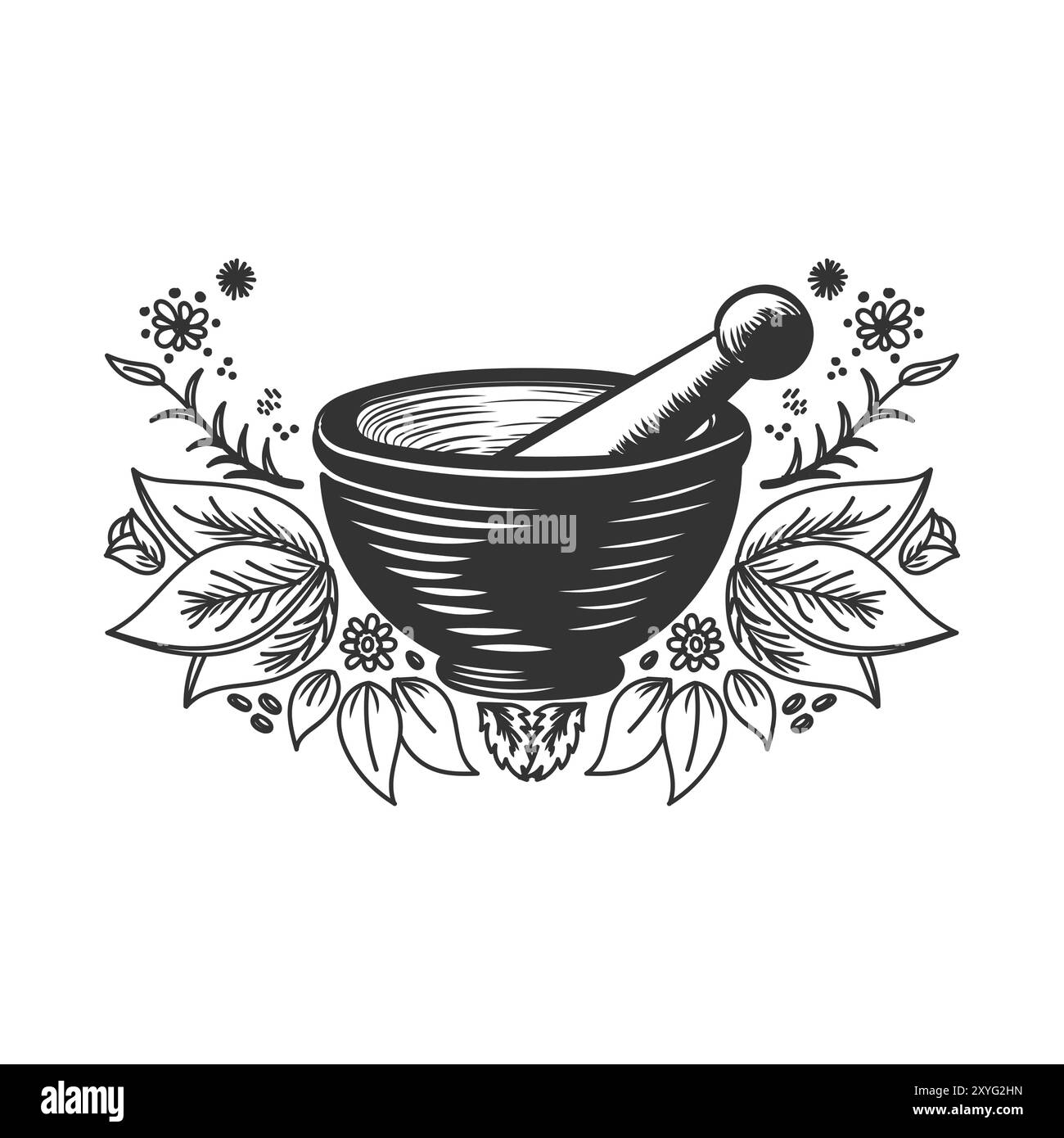 Vintage Retro Mortar and Pestle with Leaf Leaves for Herbal Medicine ...