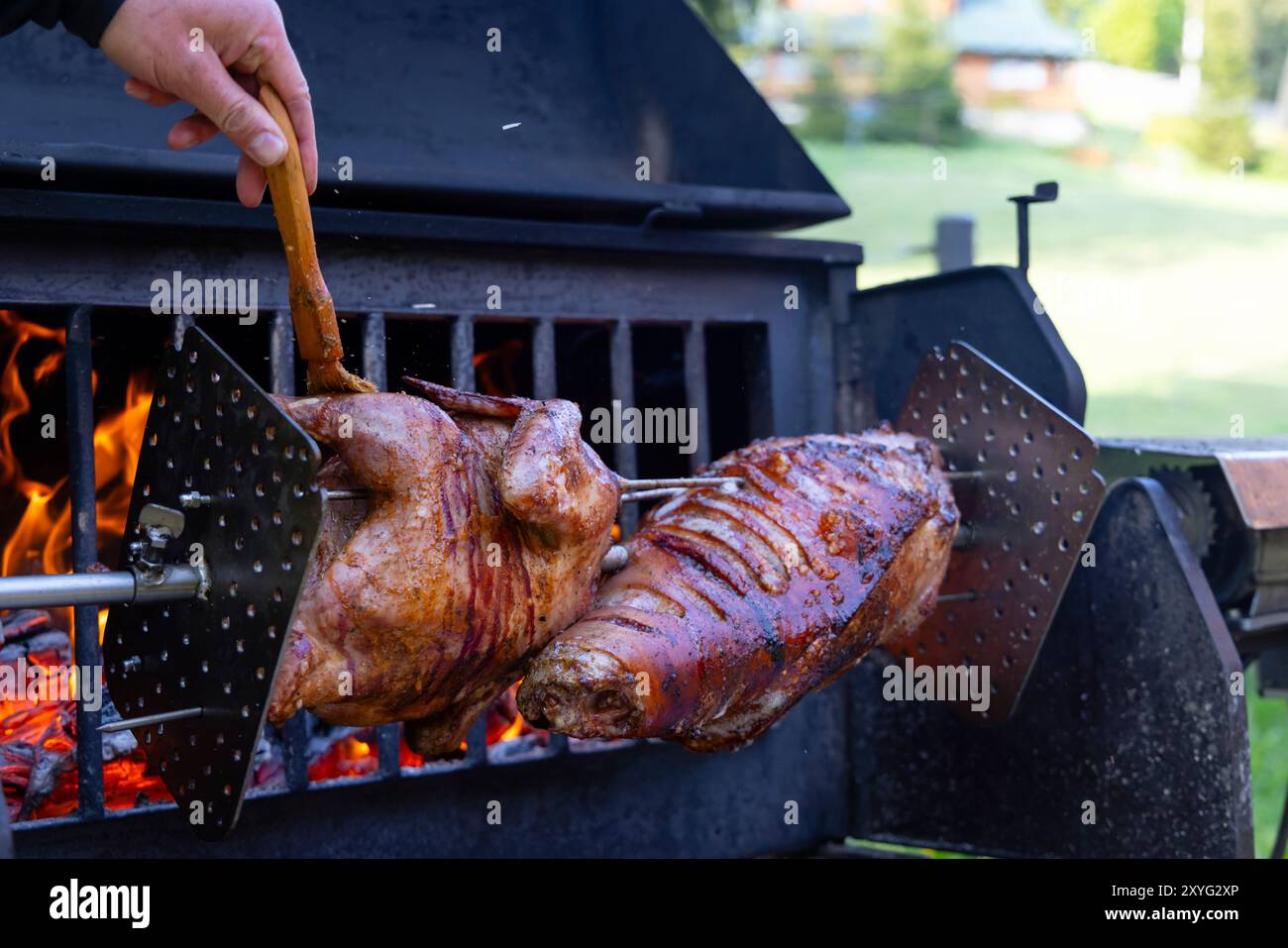 Roasting pork and turkey on spit Stock Photo - Alamy