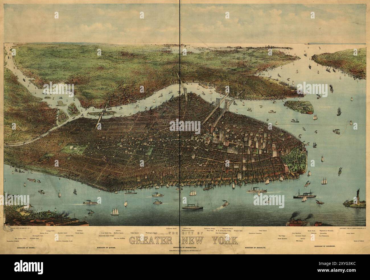 Bird's-eye view of greater New York with Battery Park on the right and ...