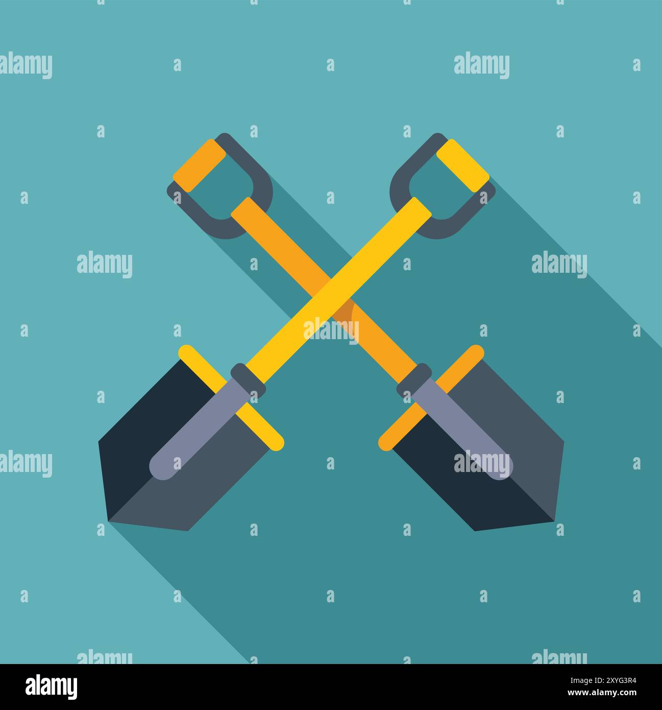 Two crossed shovels casting long shadow are lying on turquoise ...