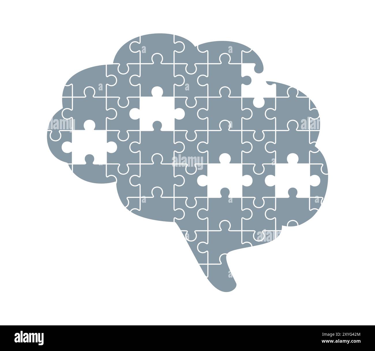 Gray brain puzzle with missing puzzle pieces, isolated on white background. Flat vector ...