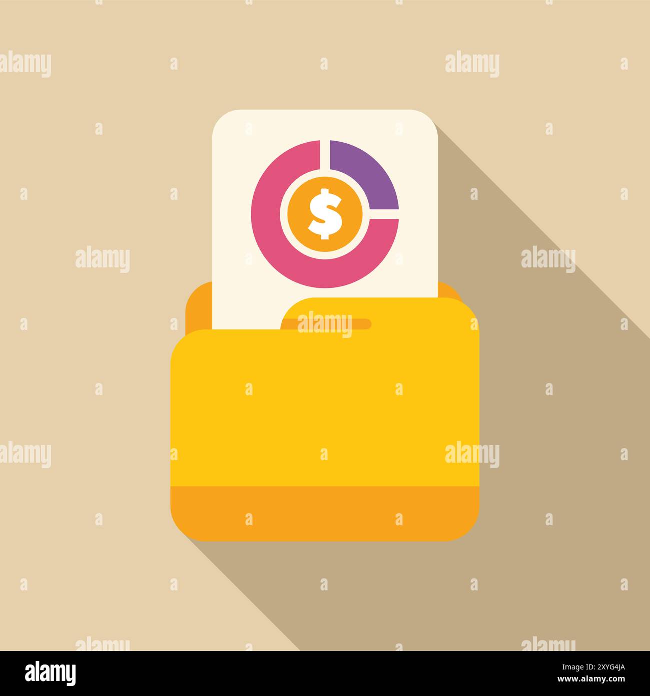 Yellow folder storing document with colorful pie chart and dollar sign ...