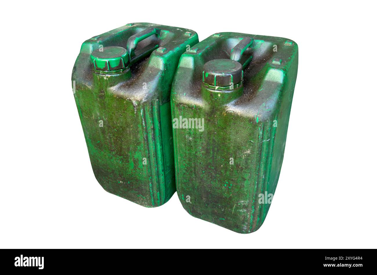 Motor oil canisters isolated on white transparent. Two used dirty green ...