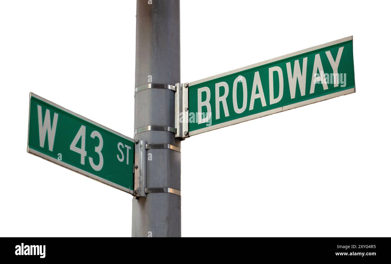 Broadway and W43 corner road sign isolated on white, transparent. Green ...