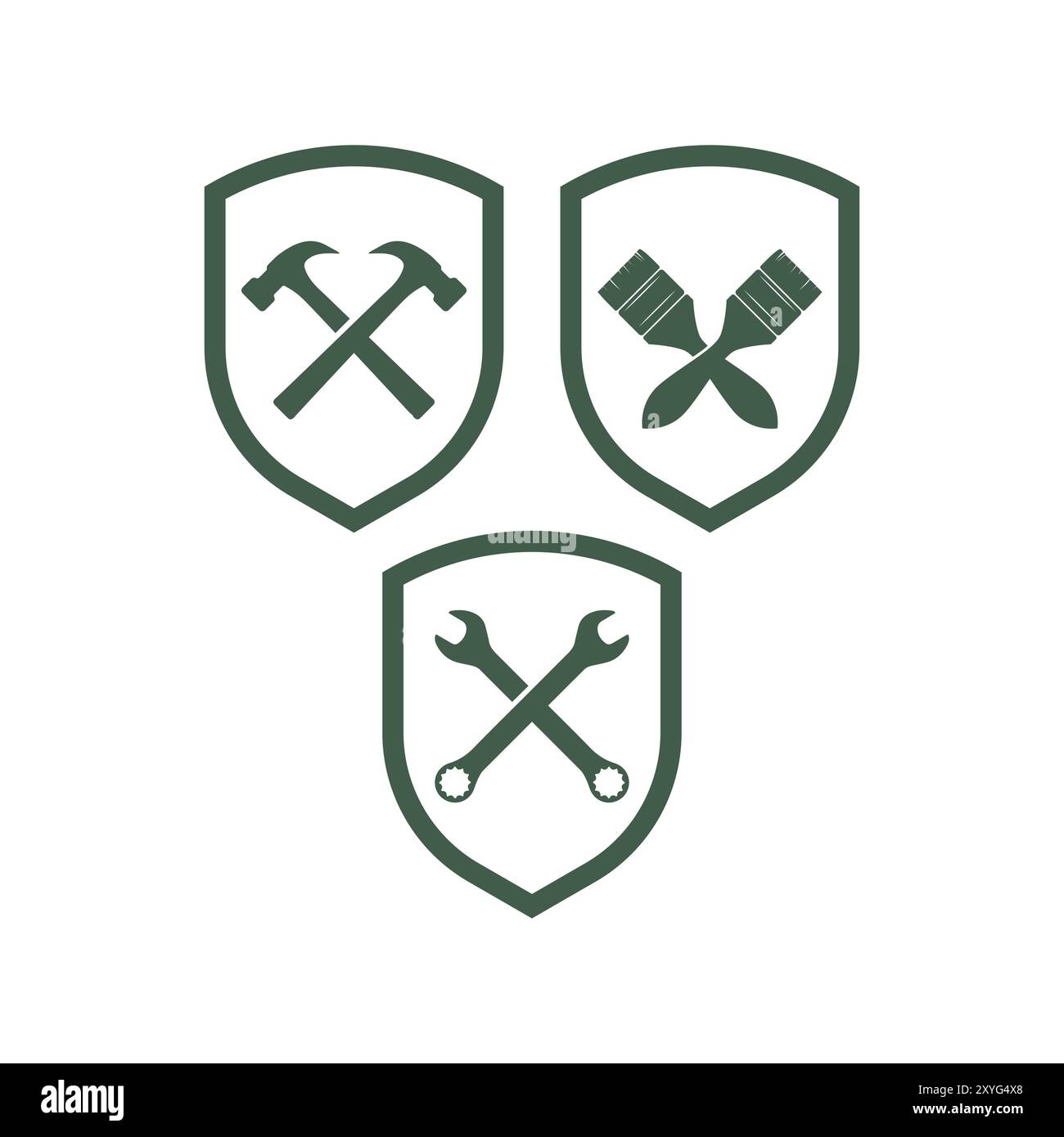 Set of Isolated Tool Equipment Hammer Wrench Paintbrush with Shield for Protection Icon ...