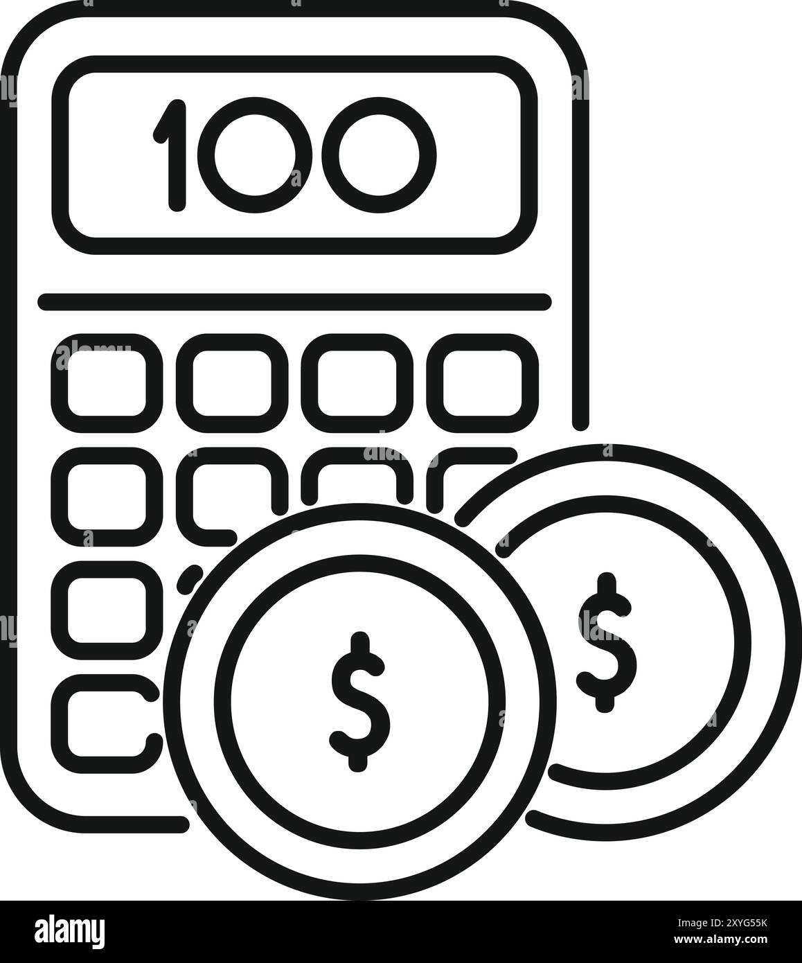 Line drawing of a calculator showing the number 100 with two dollar ...